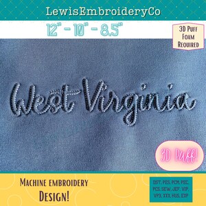 West Virginia Embossed 3D Puff Design - Script Embroidery Font - Puff ...