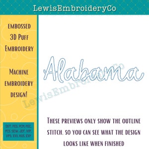 Alabama Embossed 3D Puff Design - Script Embroidery Font - Puff Foam ...