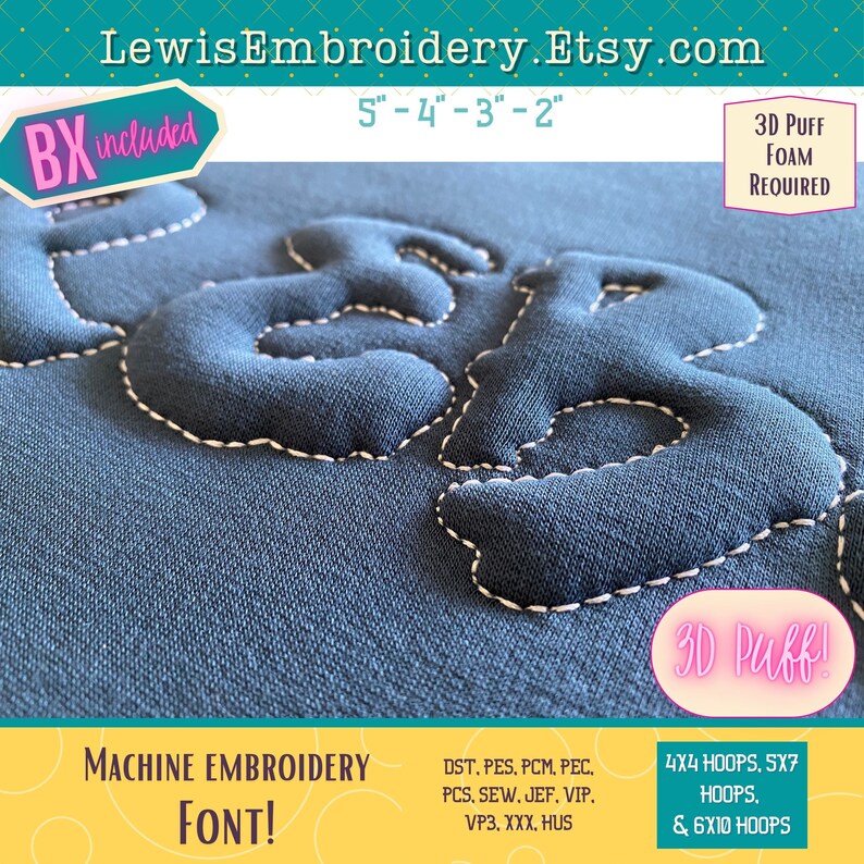 Embossed 3D Puff Embroidery Font - Puff Foam Embroidery Font - Puffy ...