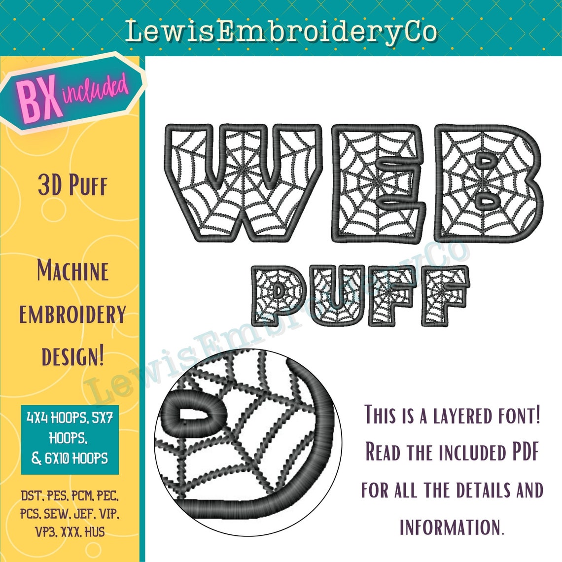 3D Puff Web, Machine Embroidery Font - With BX - (PDF Tutorial Included ...