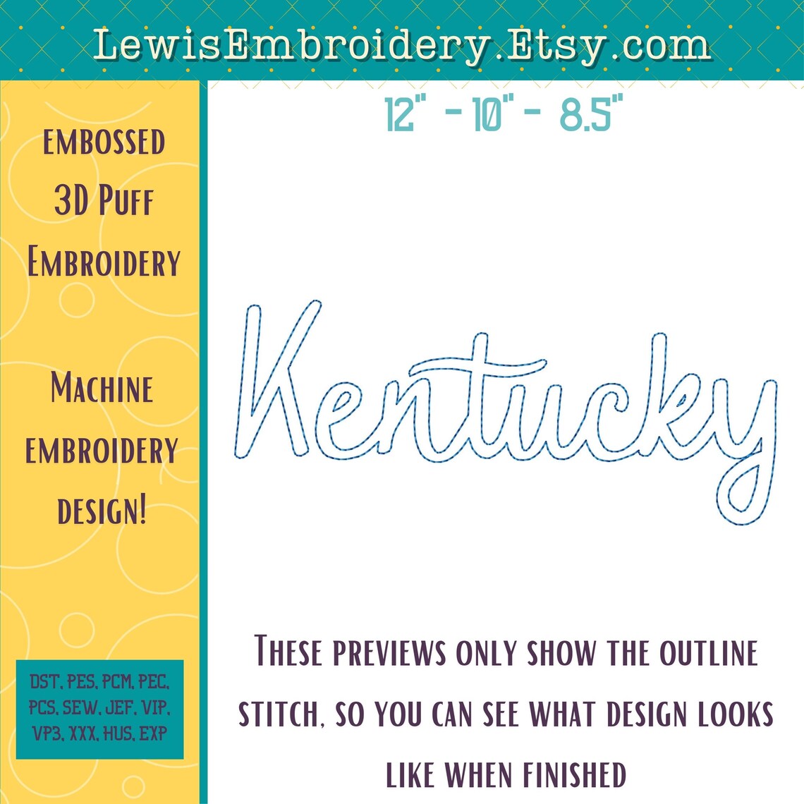 Kentucky Embossed 3D Puff Design - Script Embroidery Font - Puff Foam ...
