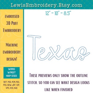 Texas Embossed 3D Puff Design - Script Embroidery Font - Puff Foam ...