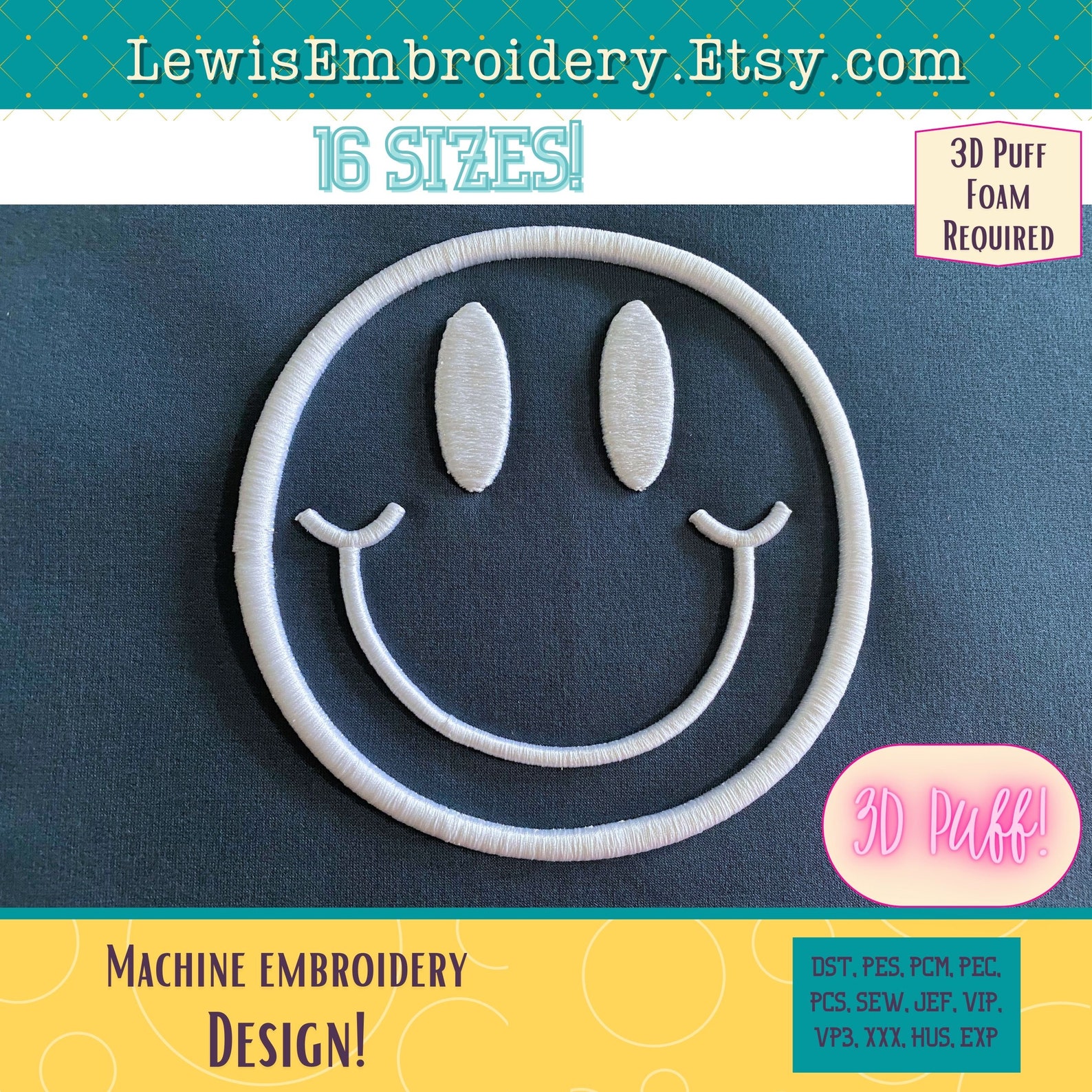 Smiley Face 3D Puff Embroidery Design - Happy Face Embroidery - 3D ...