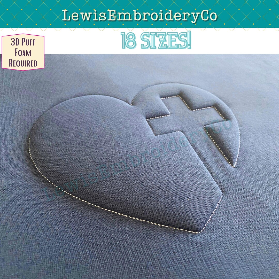 Cross Heart Embossed Puff Embroidery Design - Christian Design ...