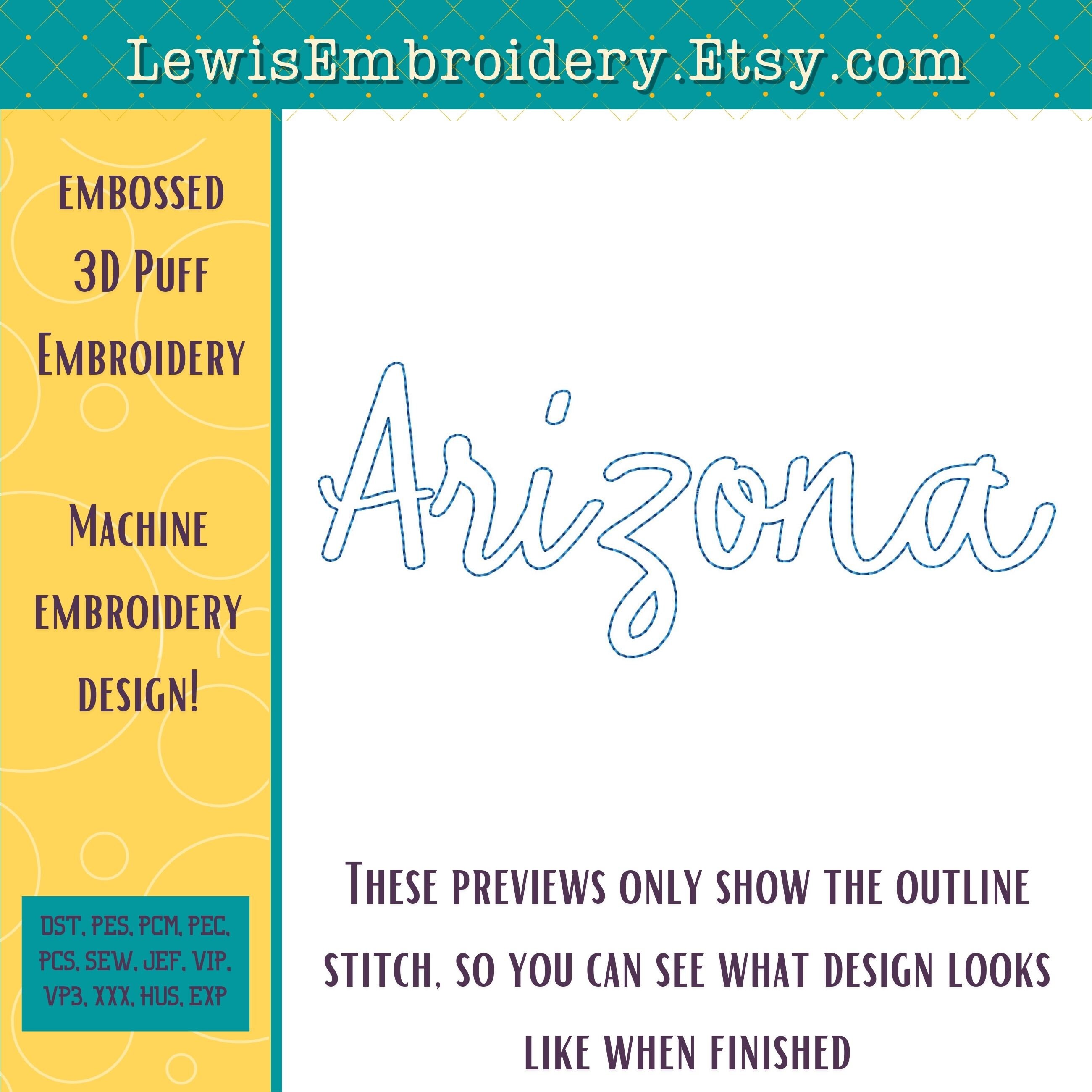 Arizona Embossed 3D Puff Design - Script Embroidery Font - Puff Foam ...
