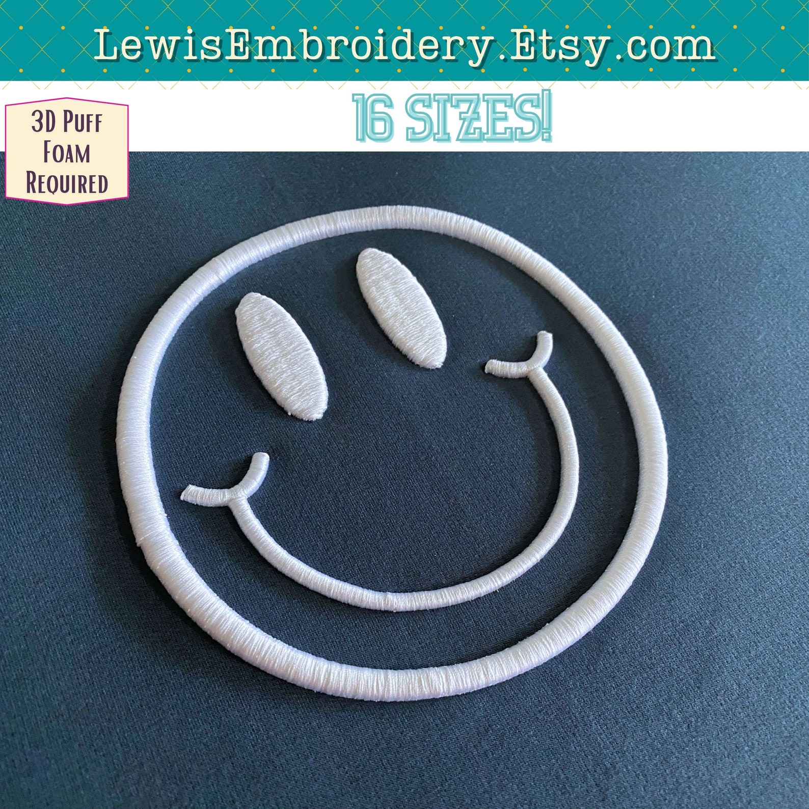 Smiley Face 3D Puff Embroidery Design - Happy Face Embroidery - 3D ...