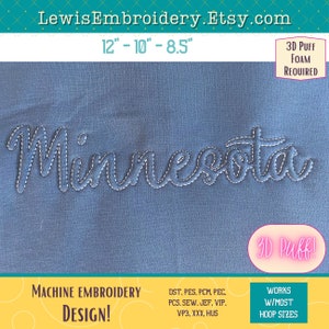 Minnesota Embossed 3D Puff Design - Script Embroidery Font - Puff Foam ...