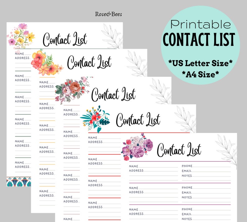 Printable Contact List Print at Home Address Book Template - Etsy