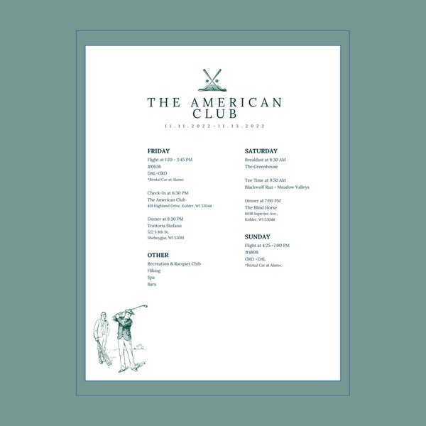 Golf Itinerary Template - Etsy