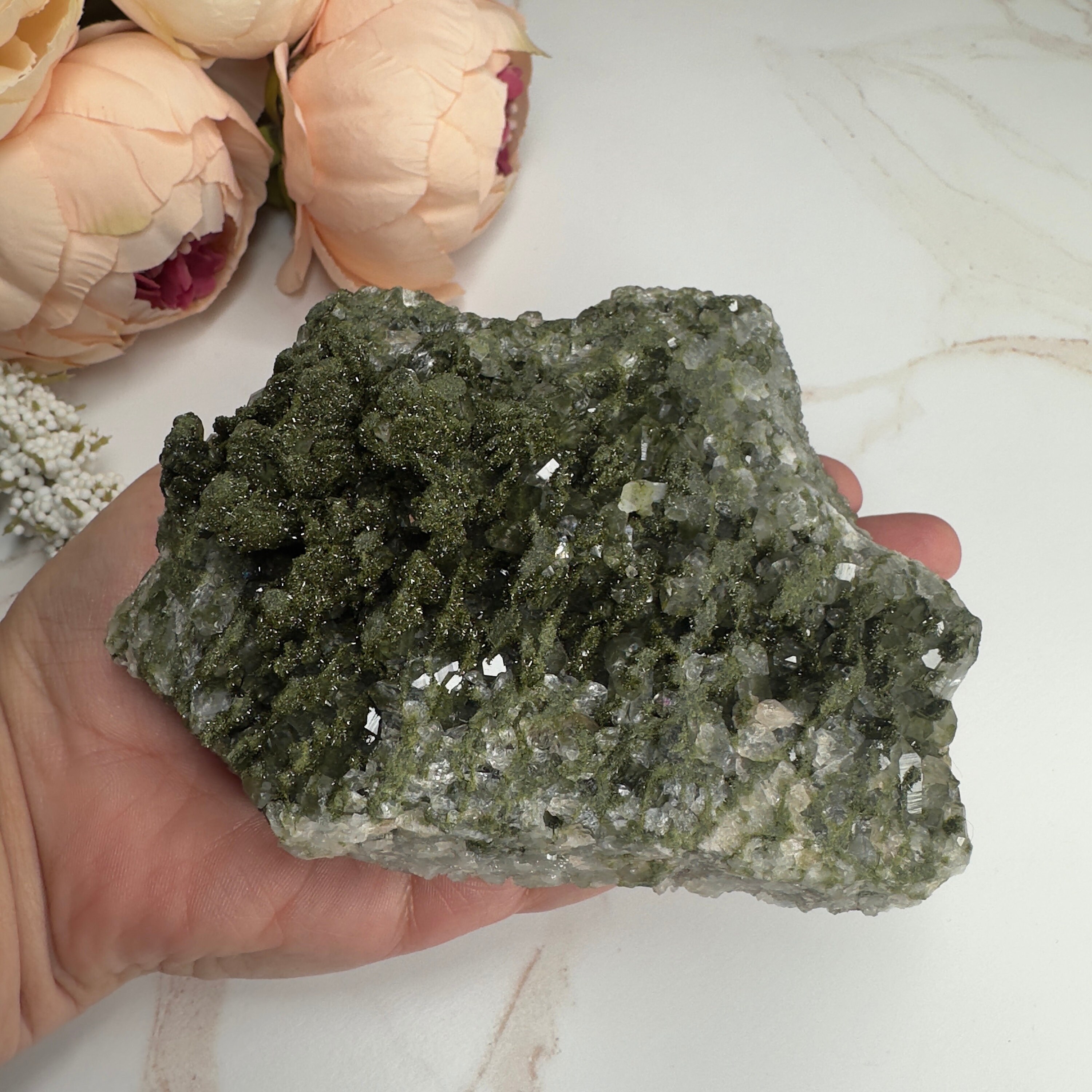 Forest Epidote on Quartz Genuine Dark Green Crystal Cluster Specimen ...