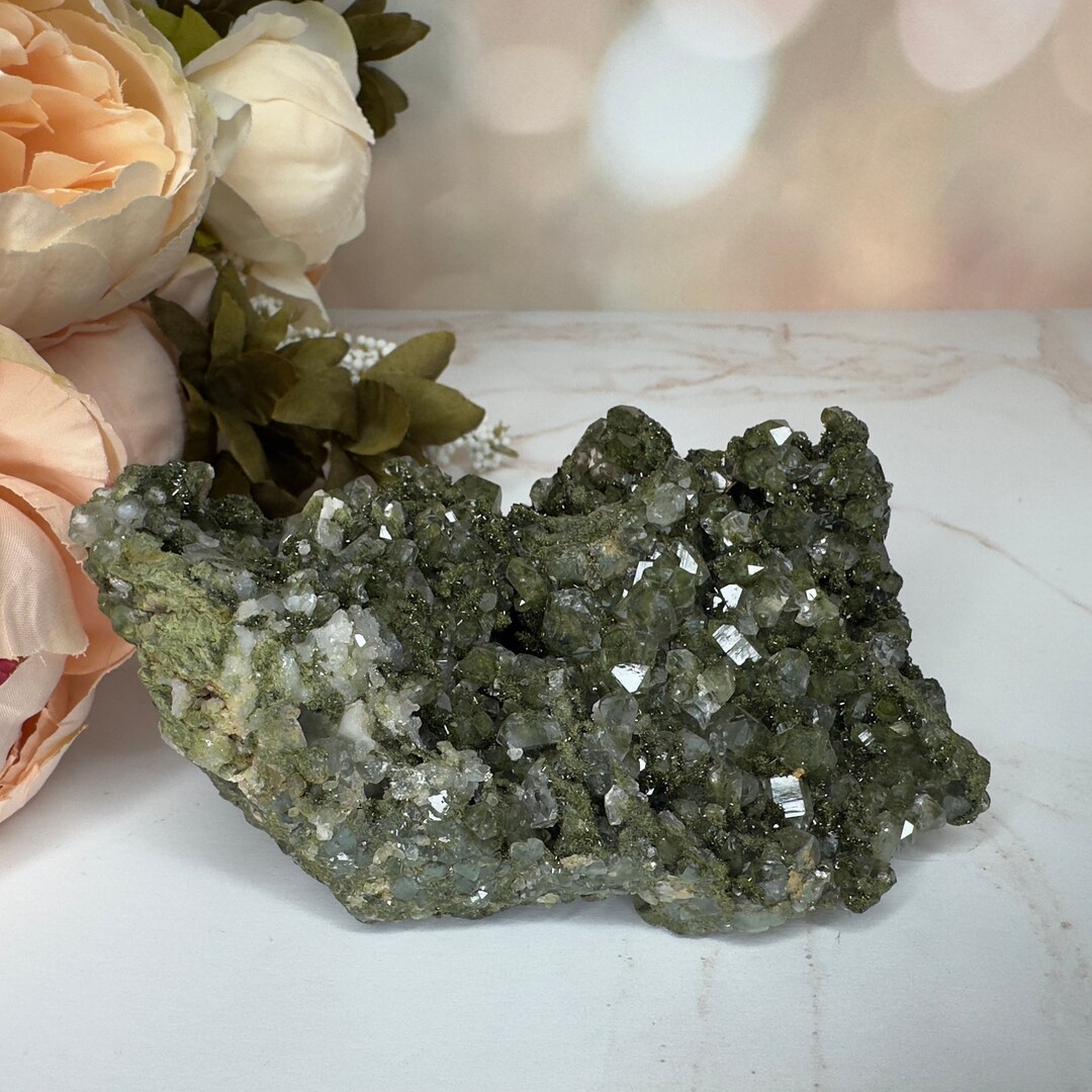 Forest Epidote on Quartz Genuine Dark Green Crystal Cluster Specimen ...