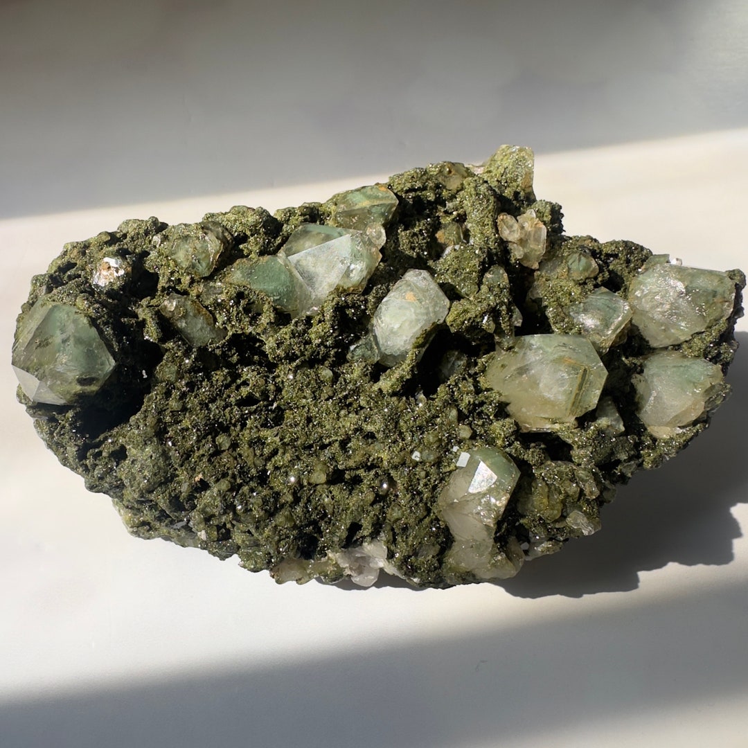 Forest Epidote on Quartz With Phantoms Genuine Extra Large Dark Green ...