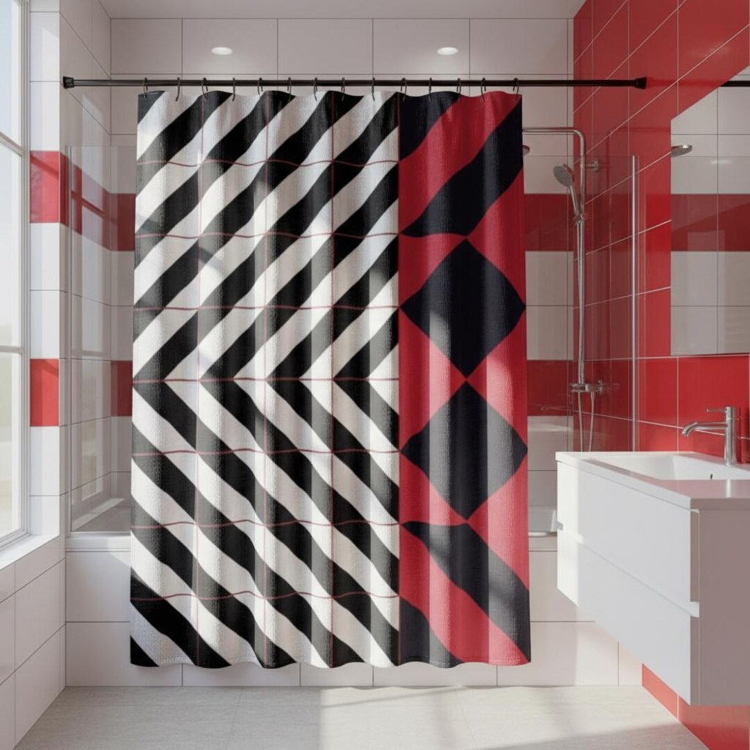 Modern Shower Curtain | Black White & Red Diamond Pattern | Graphic ...