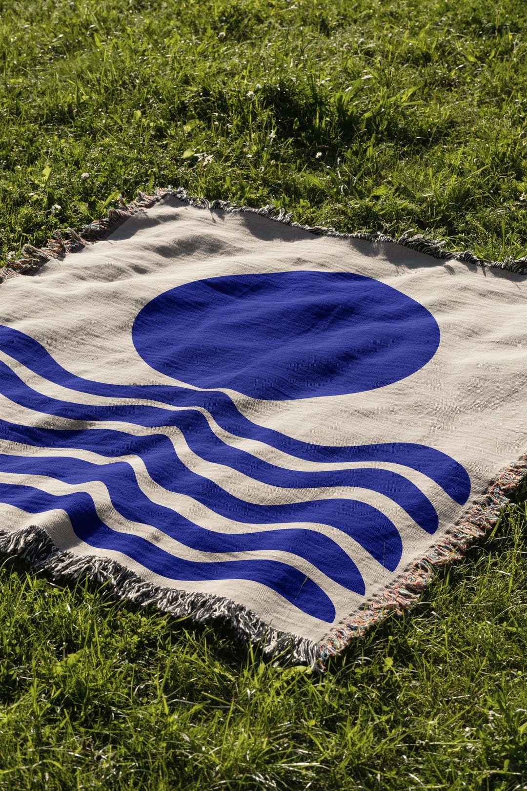 Mid-century Blue Sun Design Cotton Woven Blanket – Retro-inspired Throw ...