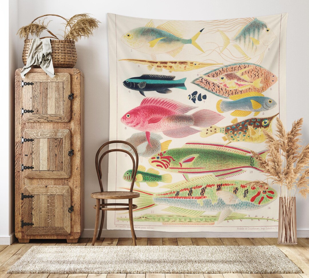 Vintage Fish Chart Tapestry | Marine Life Wall Hanging - Etsy