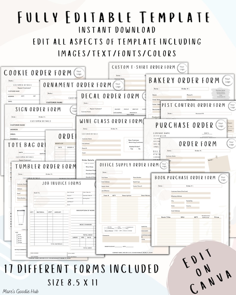 17 Editable Order Form Template Bundle, Invoice Tumble Wine Tshirt Tote ...
