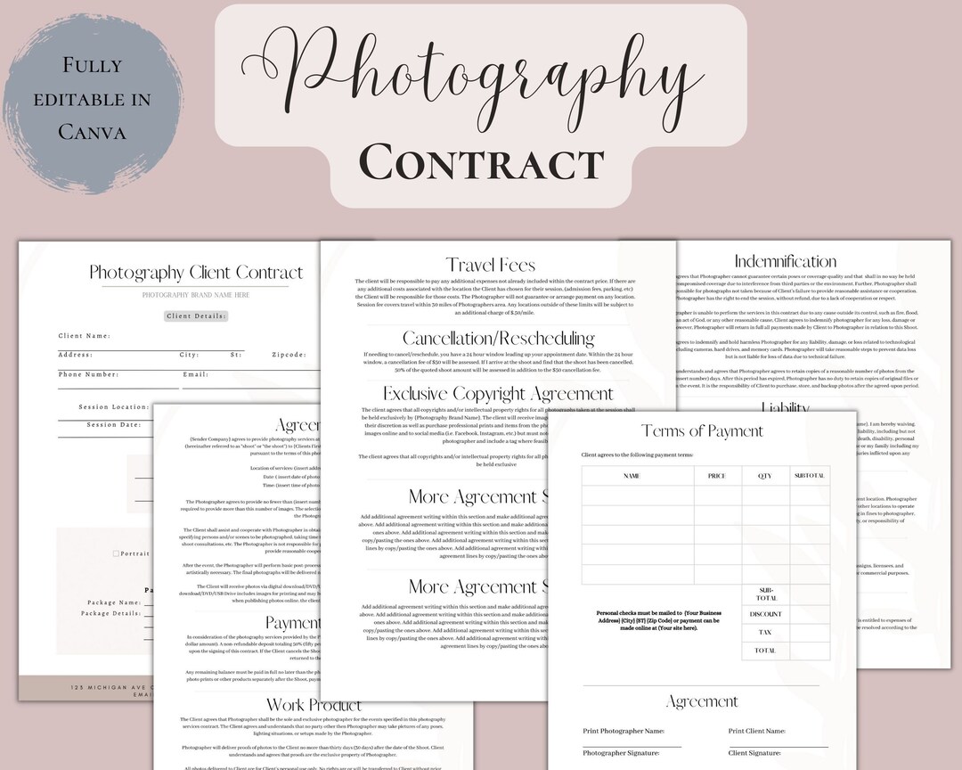 Editable Photography Contract Canva Template, Canva Editable, Client ...