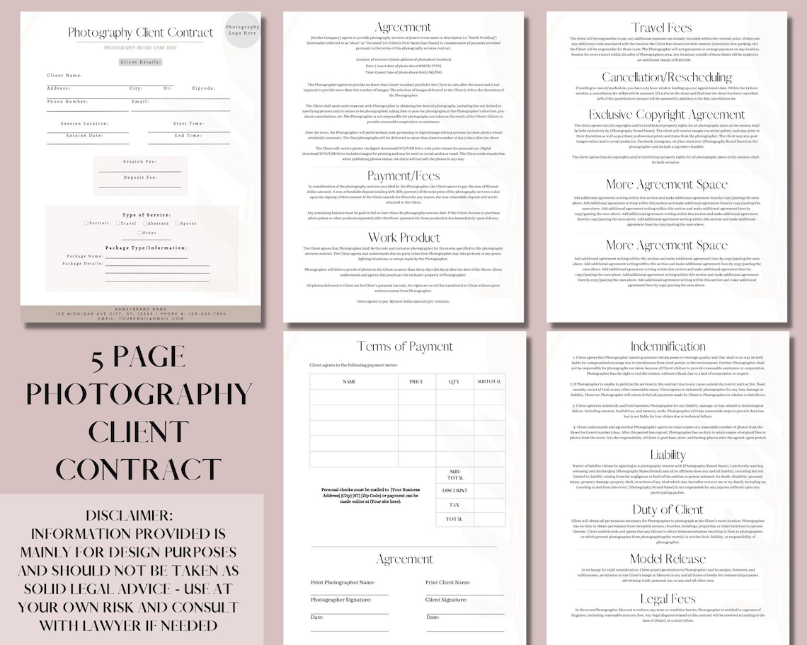 Editable Photography Contract Canva Template, Canva Editable, Client ...