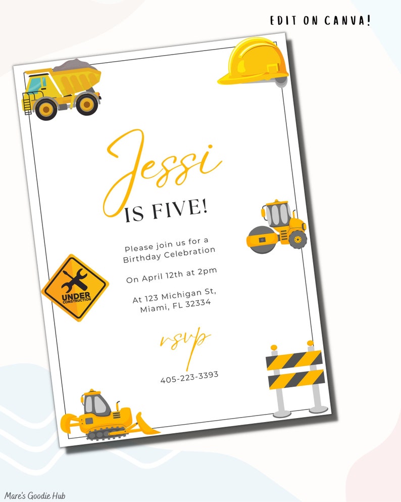 Editable Construction Birthday Invitation, DIY Edit Canva Template ...