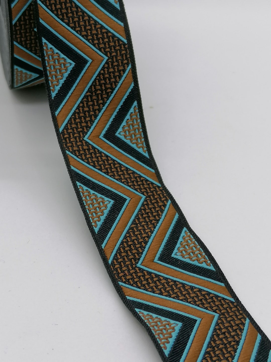 25 Mm Brown & Turquoise Triangle Line Jacquard Ribbon 0.98 Inches ...