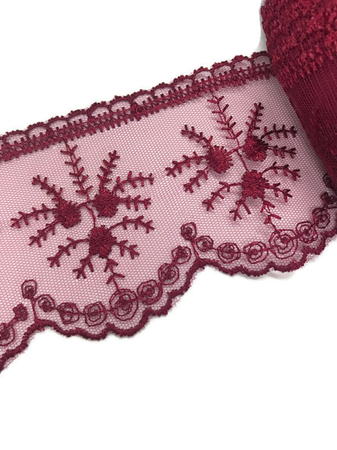 60 Mm Burgundy Floral Embroidered Lace 2.36 Inch 9 Meters, Lacework ...