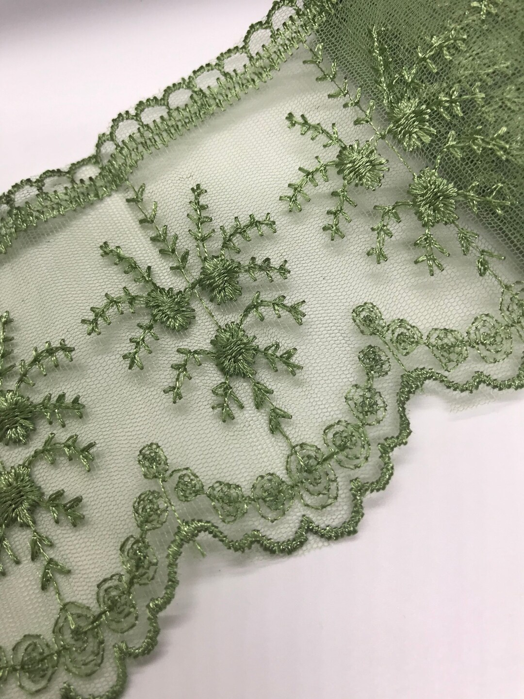 60mm Khaki Green Crystal Tulle Embroidery Lace 2.36 Inch 9 Meters ...
