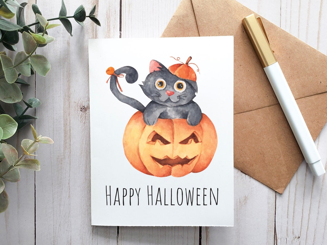 Happy Halloween Greeting Card, Printable Card, Digital Card, Black Cat ...