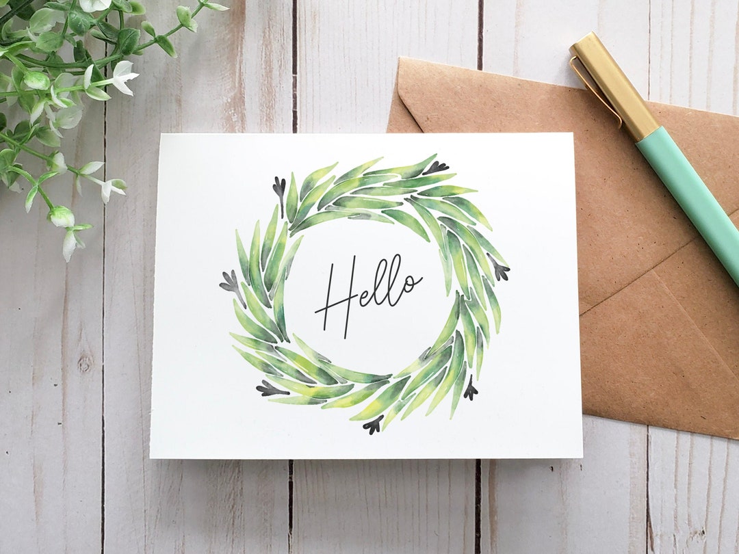 Hello Green Wreath Card, Printable Card, Digital Card, Greeting Card ...