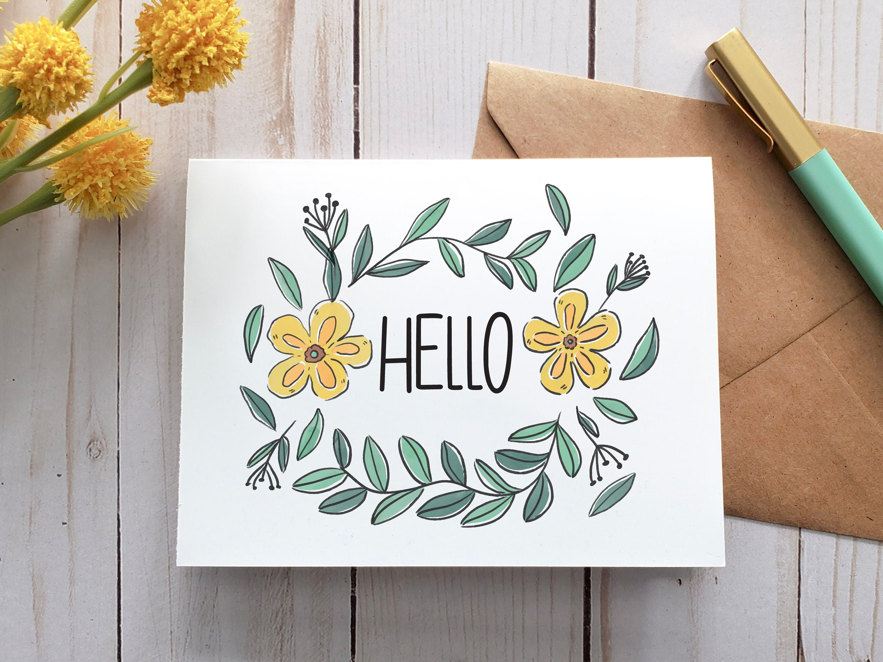 Floral Hello Card Printable Card Digital Card Greeting - Etsy
