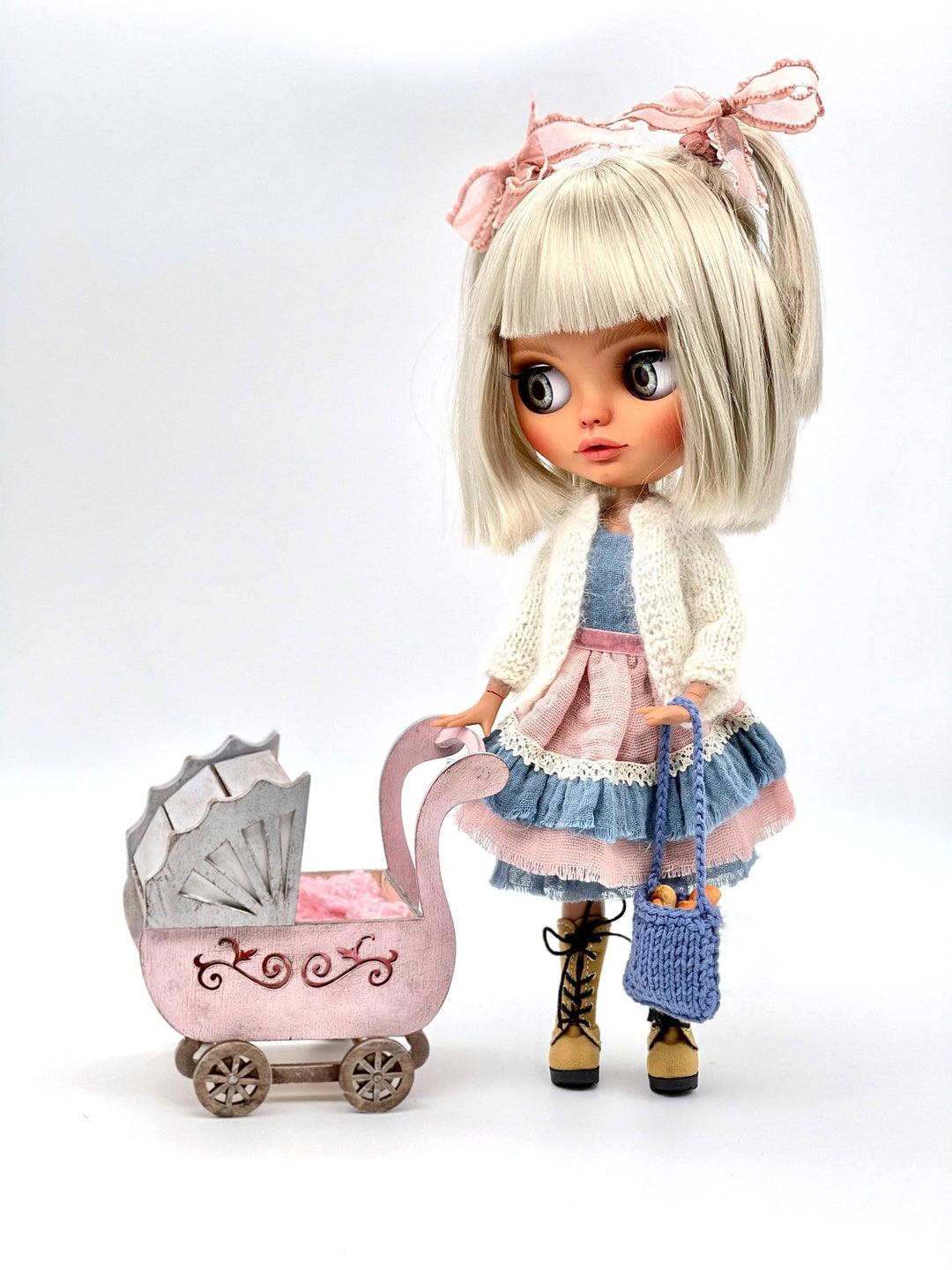 1:6 Miniature Wooden Stroller for Doll, Mini Buggy for Dolls, Dollhouse ...