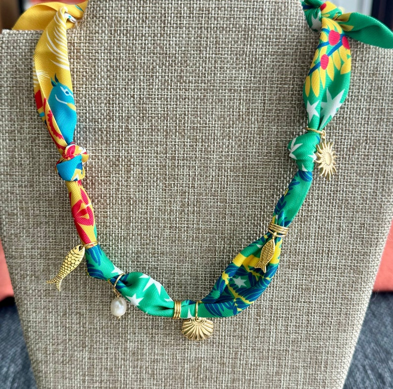 Bandana Scarf Necklace With Charms, Fish Charm, Natural Pearl, Sun and ...