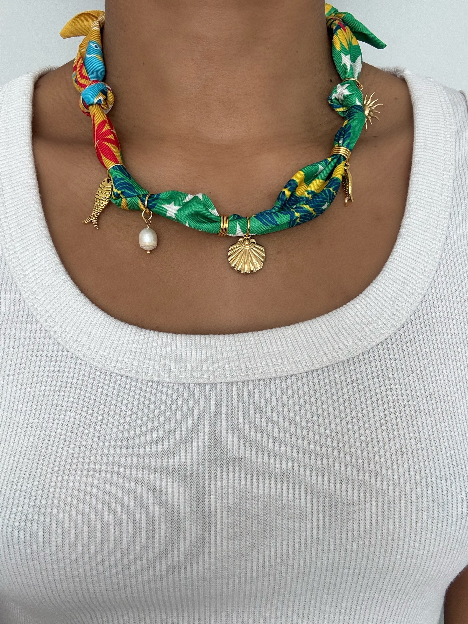 Bandana Scarf Necklace With Charms, Fish Charm, Natural Pearl, Sun and ...