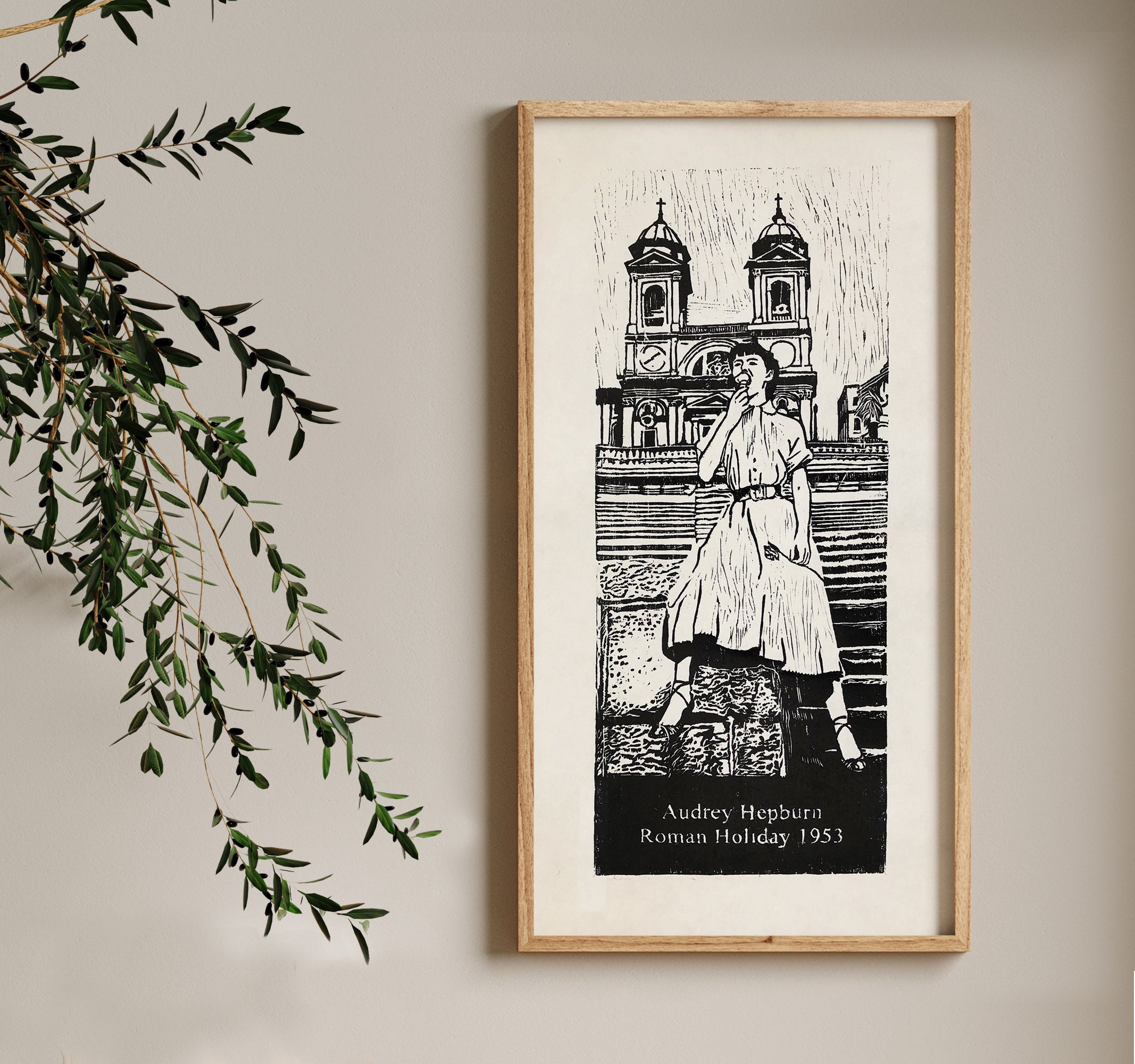 Audrey Hepburn, Roman Holiday 1953 Original Woodcut Art Print Poster ...