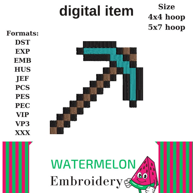 Pickaxe Minecraft Embroidery, 2 Sizes, 4x4, 7x5 100mm and 150 Mm ...