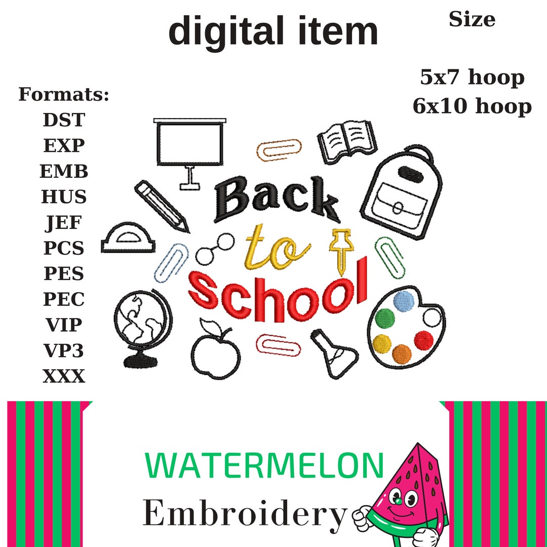 School Supplies Embroidery Design, 2 Sizes, 5x7 and 6x10 Hoop, Back to ...