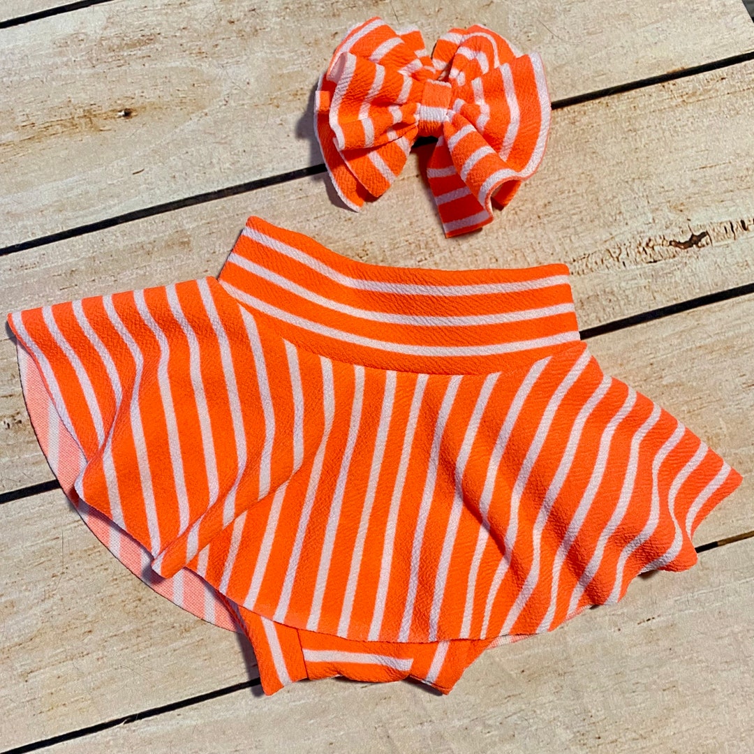 Orange Pin Stripped High Waisted Baby Bummies | Baby Girl Skirted Bummies | White & Orange ...
