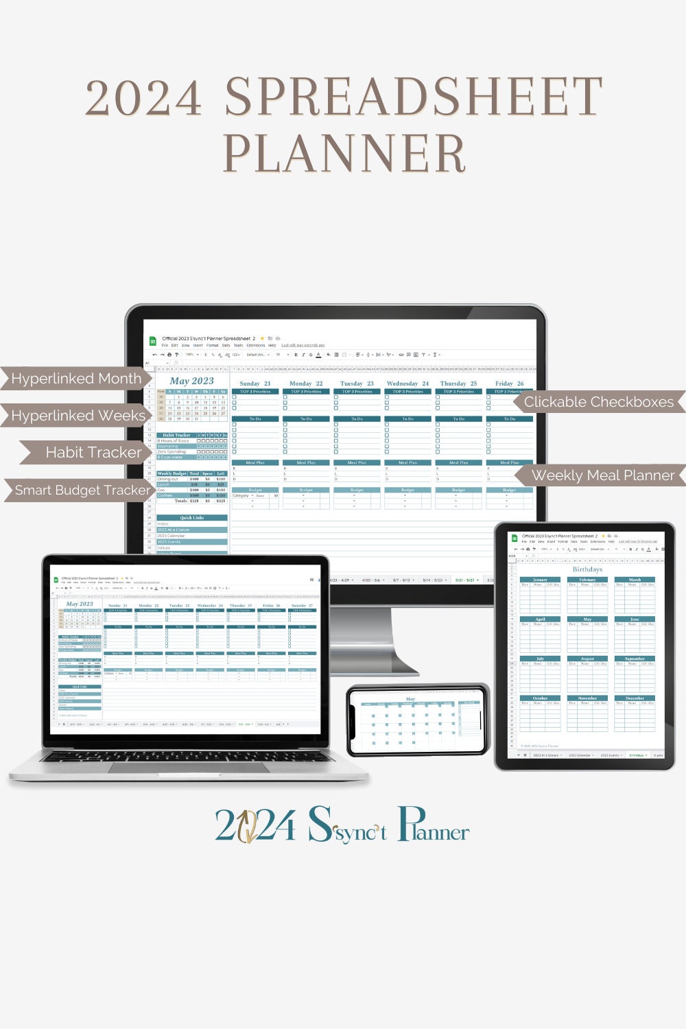 2024 Spreadsheet Planner Template Weekly Meal Planner, Budget, Habit ...