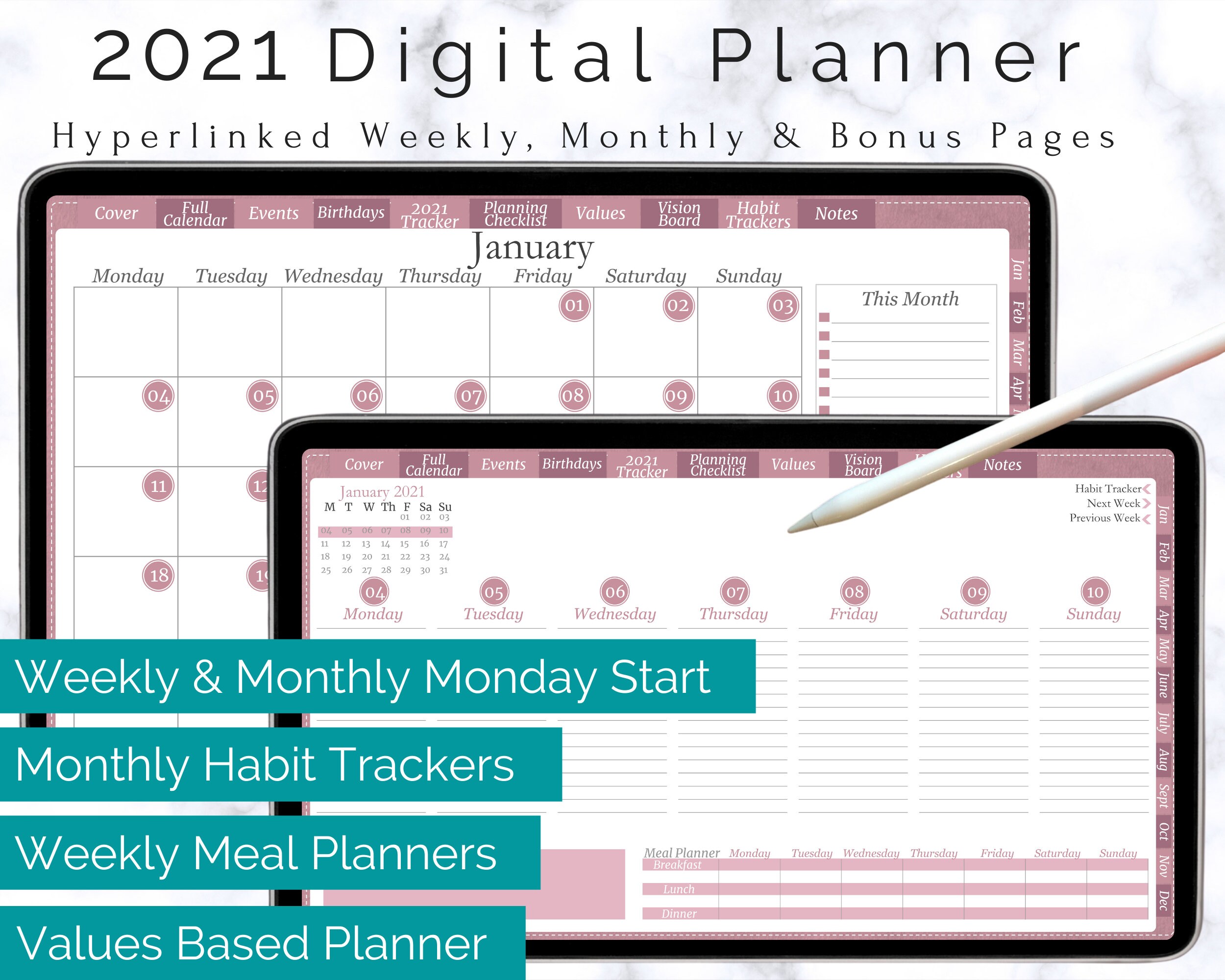 Weekly Habit Tracker and Meal Planner Notability Mauve 2021 Digital ...