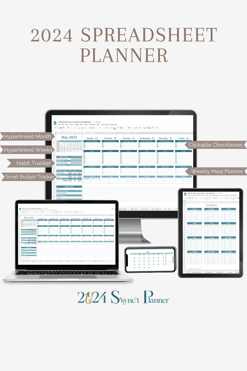 2024 Spreadsheet Planner Template Weekly Meal Planner, Budget, Habit ...
