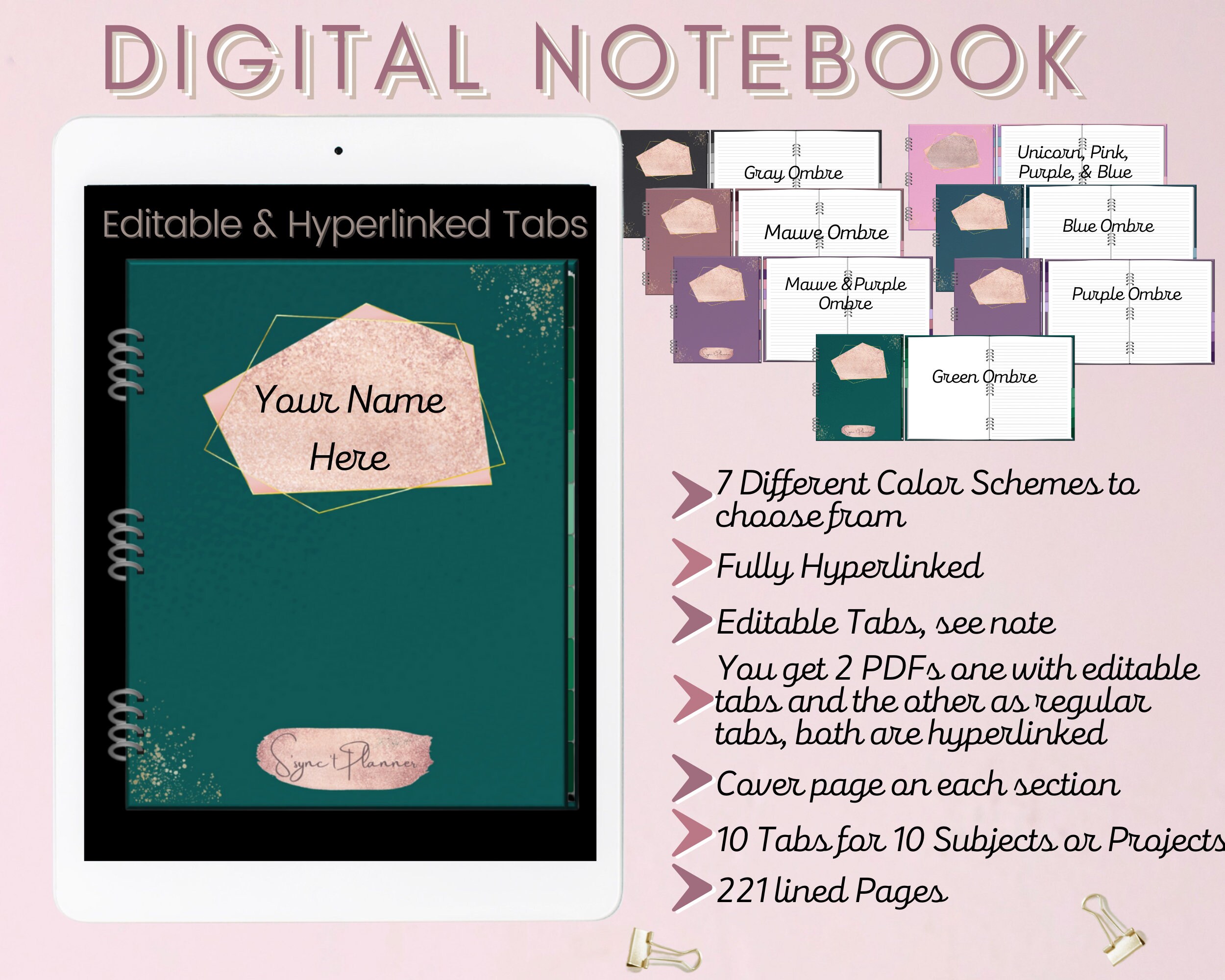 Green Ombre Digital Notebook, 10 Tabs & 220 Lined Pages. 2 PDF Files ...