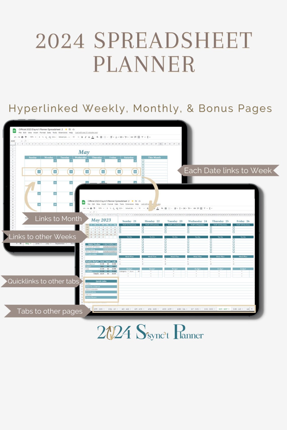 2024 Spreadsheet Planner Template Weekly Meal Planner, Budget, Habit ...