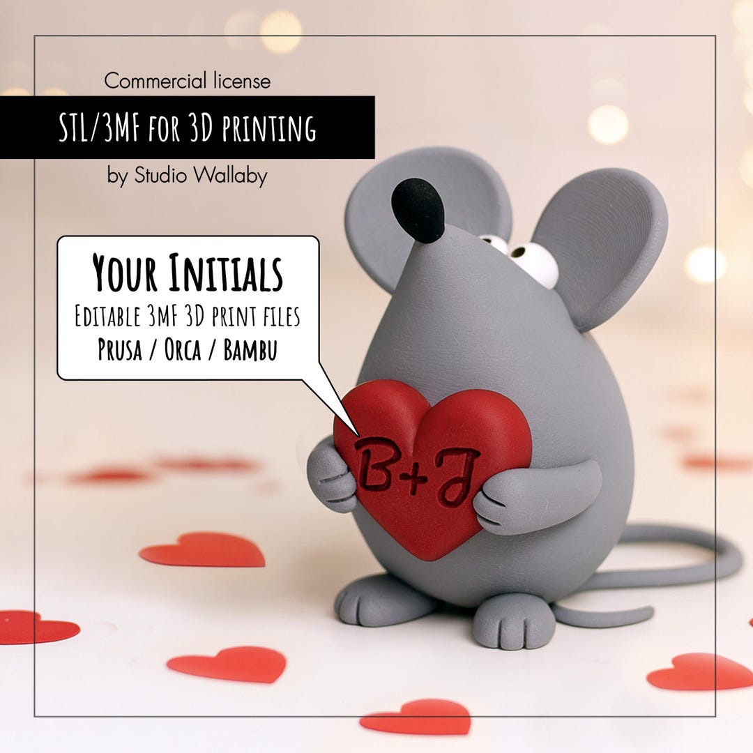 Editable 3MF Model | Custom Initials Cute Mouse With Heart | 3D Print ...