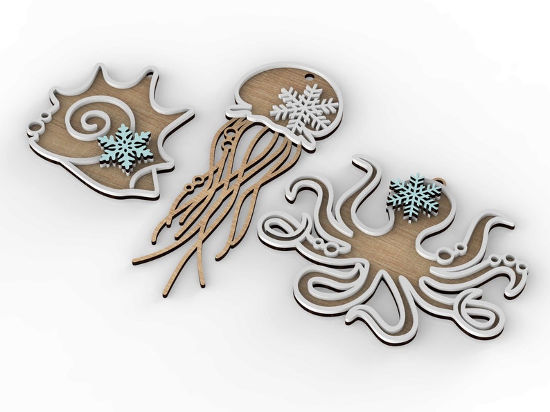 Sea Life Ornament Laser Cut Files: Jellyfish, Seashell, Octopus (PDF ...
