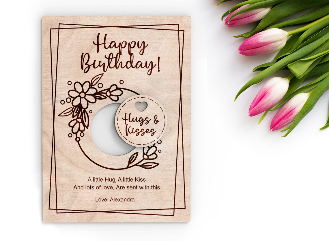 Floral Happy Birthday Card With Wooden Token | Greetings Card for Her ...