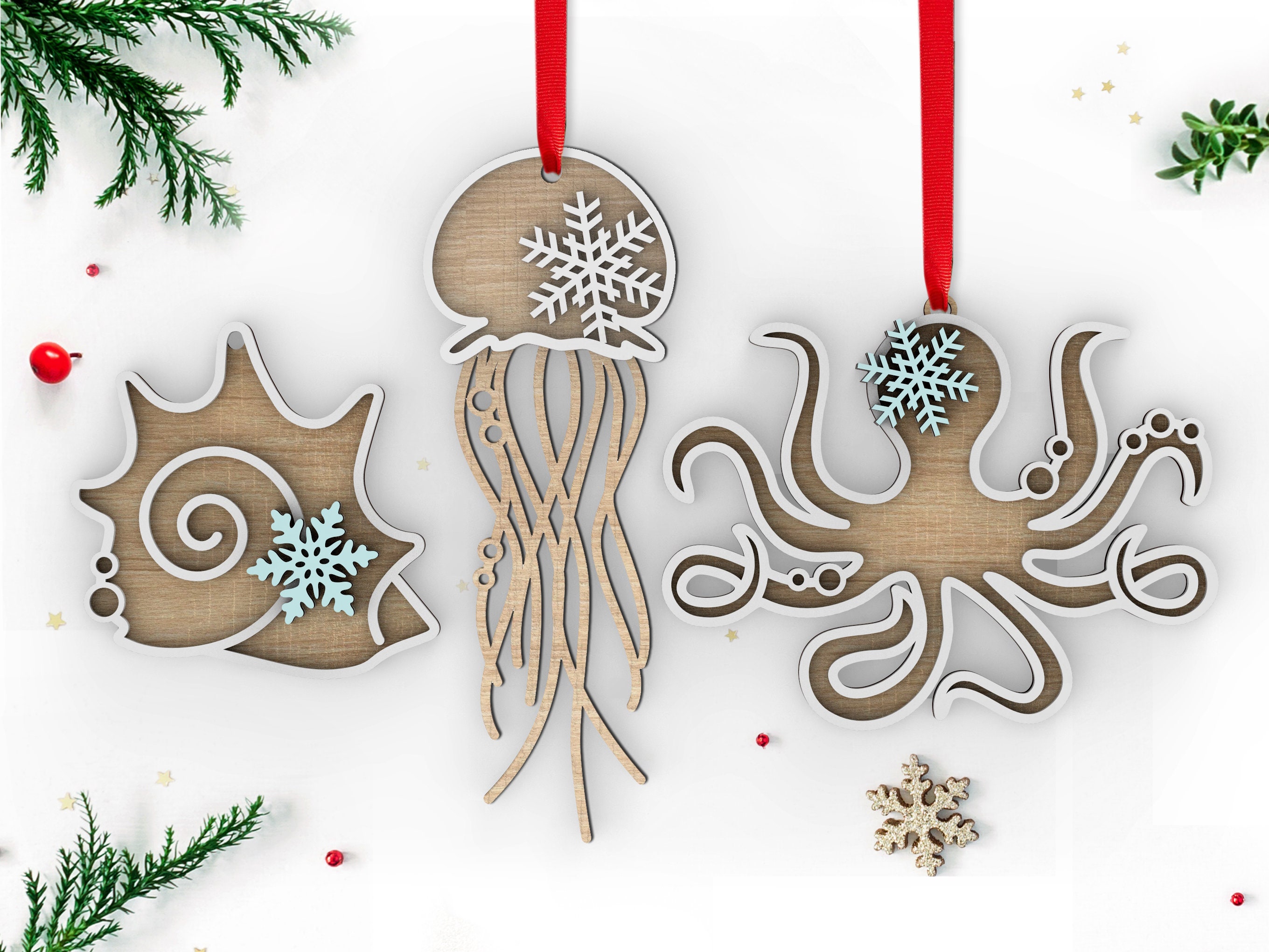 Sea Life Ornament Laser Cut Files: Jellyfish, Seashell, Octopus (PDF ...