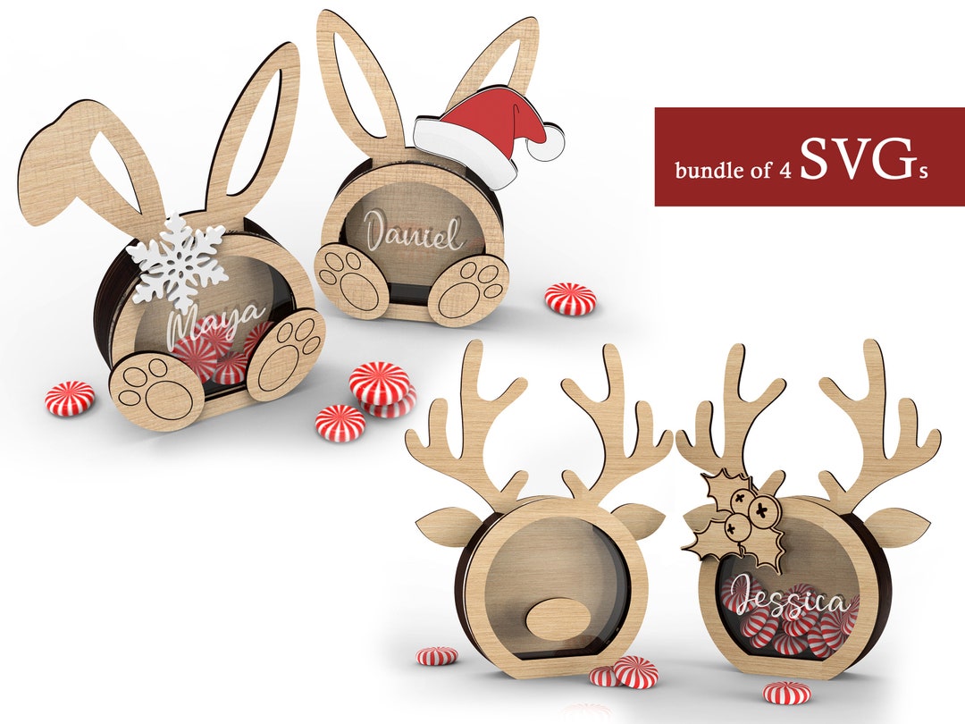 Bunny & Reindeer Baskets Laser Cut File: Christmas Vector Bundle ...