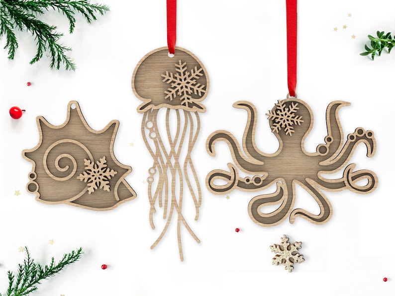 Sea Life Ornament Laser Cut Files: Jellyfish, Seashell, Octopus (PDF ...