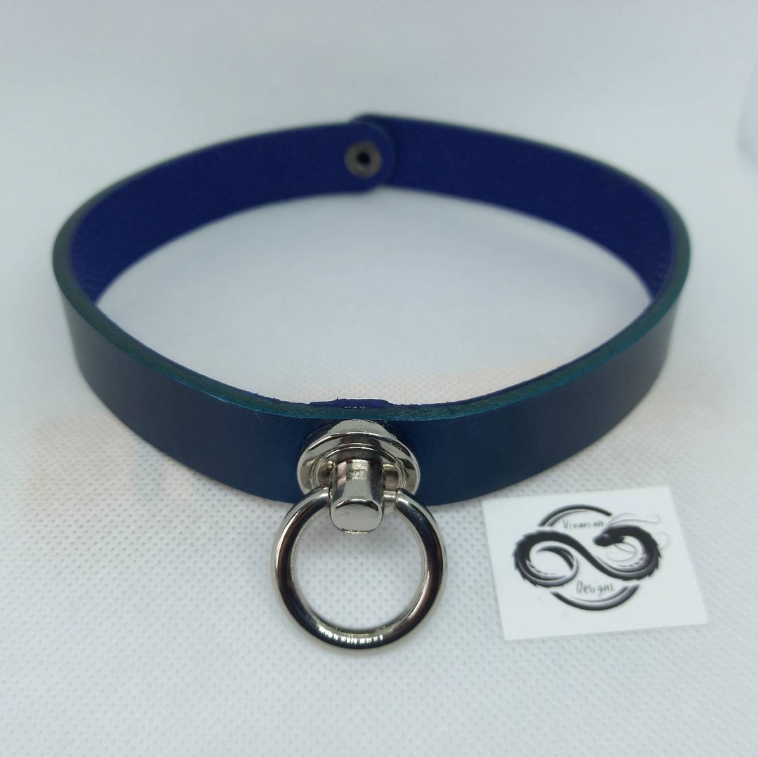 Navy Leather Collar With Blue Sheepskin Lining. Hinge O-ring and Snap ...