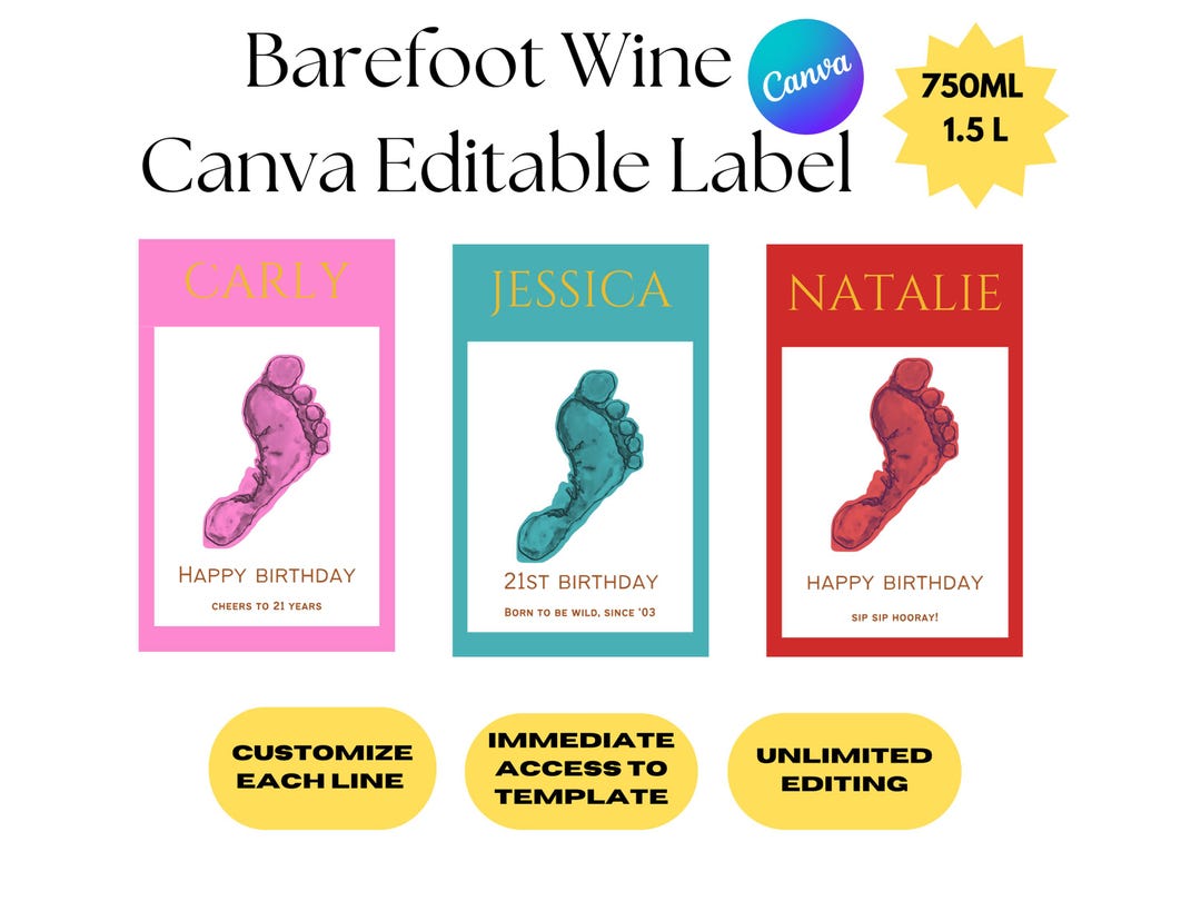 Custom Barefoot Wine Label, 750ml, 1.5L, Canva Template Personalize ...