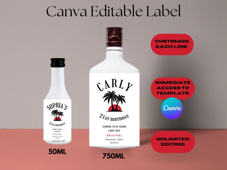 Canva Template Party Malibu Label, 750ml, 50ml Custom Personalize ...